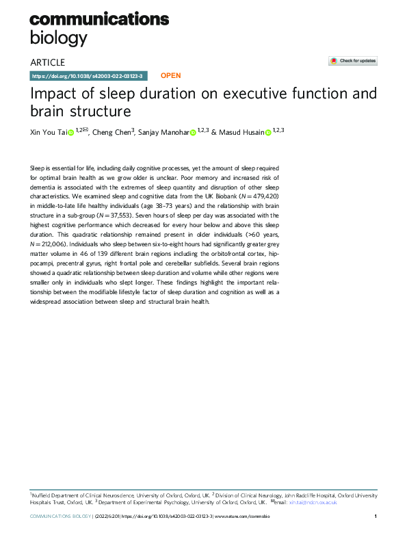 (PDF) Impact of sleep duration on executive function and brain structure