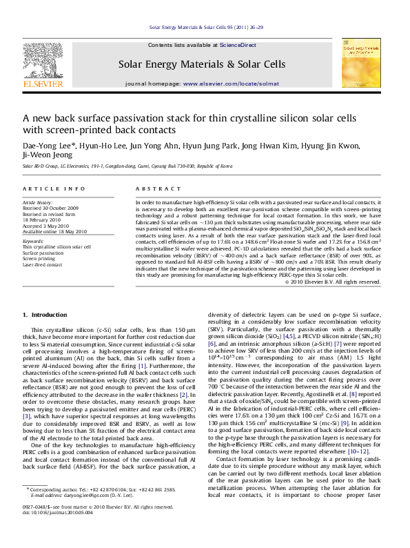 (PDF) A new back surface passivation stack for thin crystalline silicon solar cells with screen ...