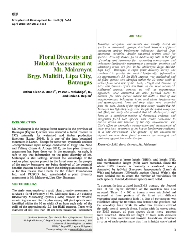 (PDF) Floral Diversity and Habitat Assessment at Mt. Malarayat Brgy ...