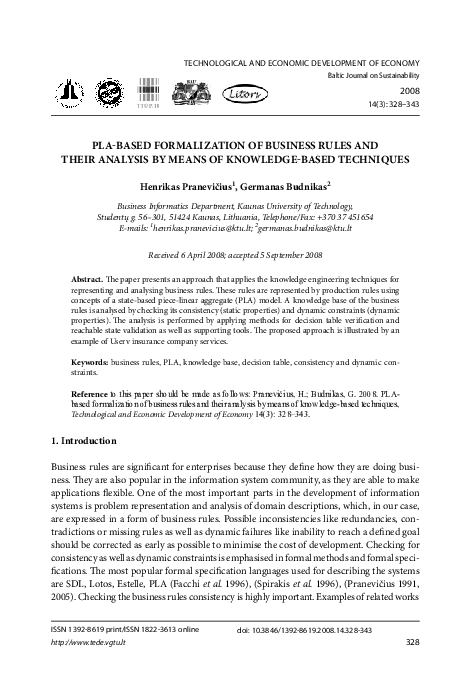 (PDF) Pla‐Based Formalization of Business Rules and Their Analysis by Means of Knowledge‐Based ...