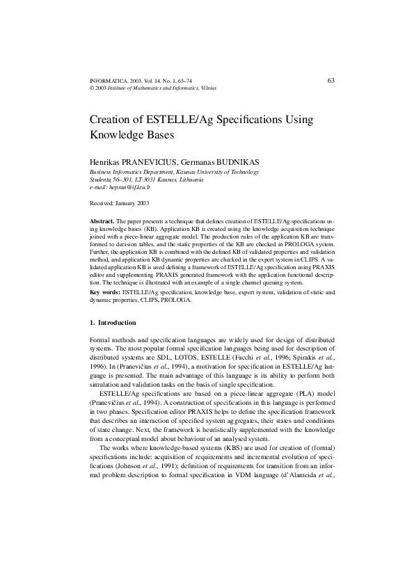 (PDF) Creation of ESTELLE/Ag Specifications Using Knowledge Bases