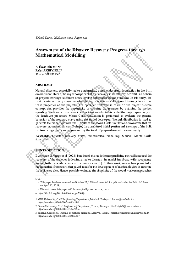 (PDF) Assessment of the Disaster Recovery Progress through Mathematical ...