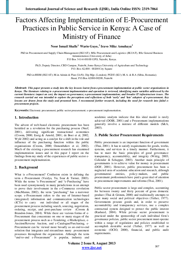 (PDF) Factors Affecting Implementation of E-Procurement Practices in Public Service in Kenya : A ...