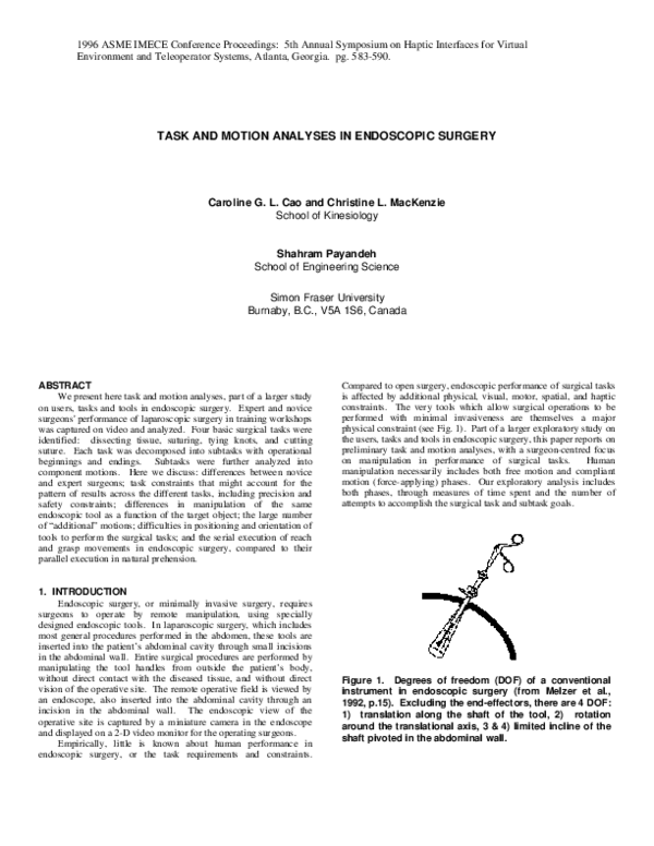 (PDF) Task and motion analyses in endoscopic surgery | Caroline Cao - Academia.edu