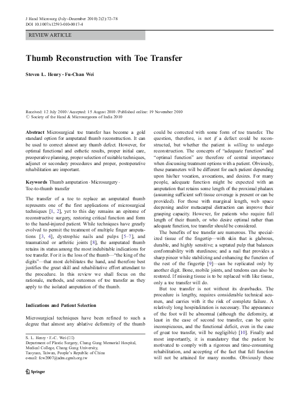 (PDF) Thumb reconstruction with toe transfer | Fu-chan Wei - Academia.edu