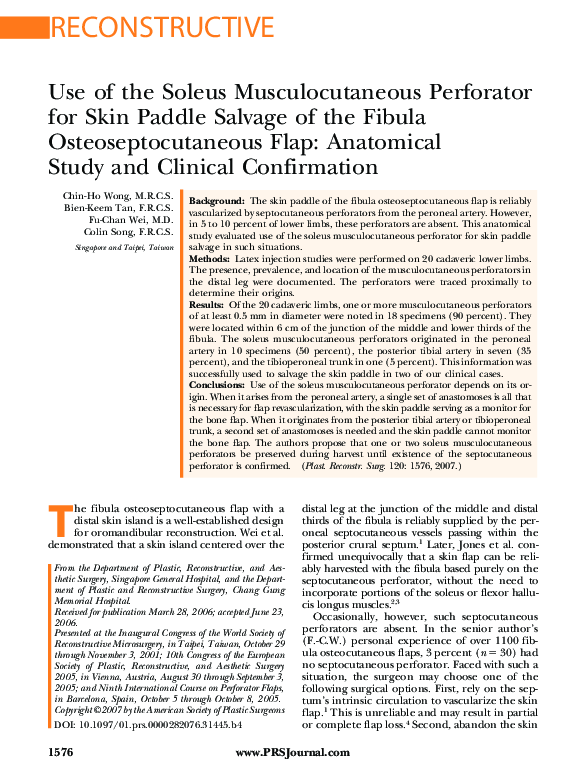 (PDF) Use of the Soleus Musculocutaneous Perforator for Skin Paddle ...