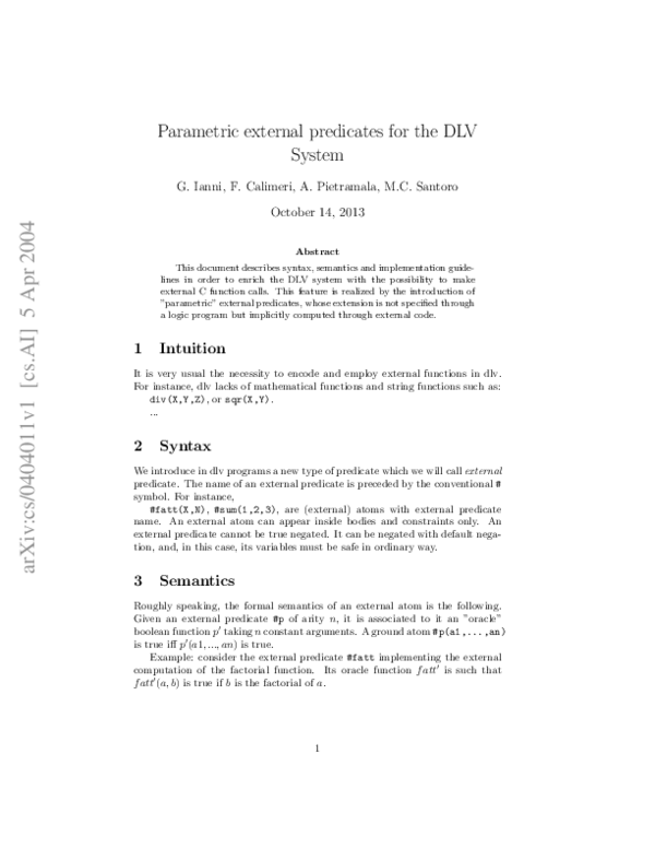 Pdf Parametric External Predicates For The Dlv System Francesco Calimeri