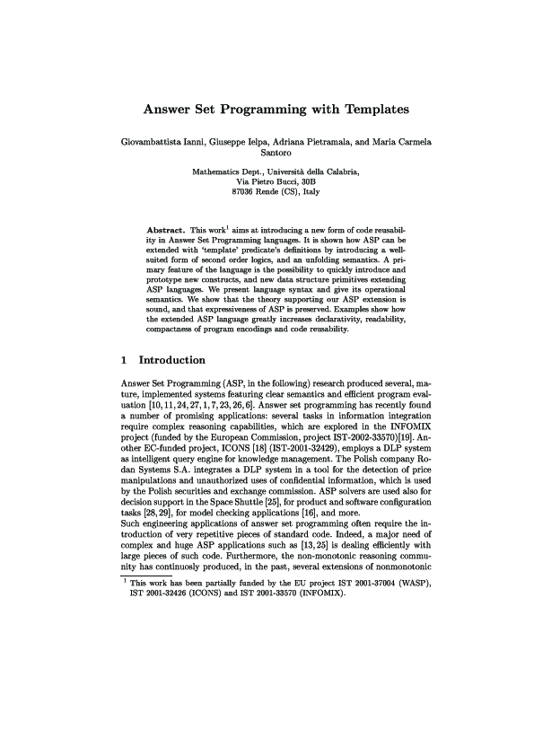 (PDF) Answer set programming with templates | Francesco Calimeri ...