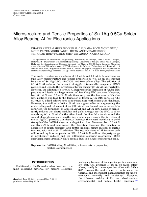(PDF) Microstructure and Tensile Properties of Sn-1Ag-0.5Cu Solder Alloy Bearing Al for ...