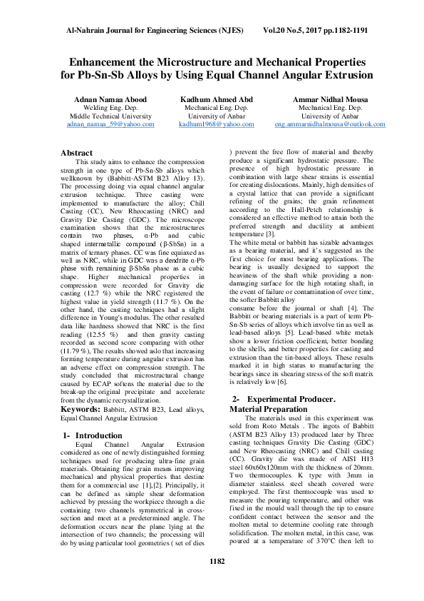 (PDF) Enhancement the Microstructure and Mechanical Properties for Pb-Sn-Sb Alloys by Using ...