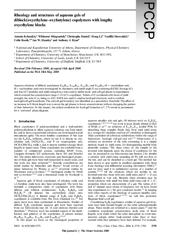 (PDF) Rheology and structures of aqueous gels of diblock(oxyethylene ...