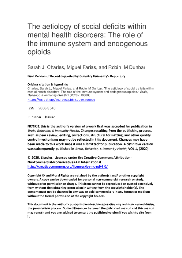 (PDF) The aetiology of social deficits within mental health disorders ...