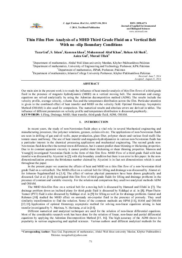 (PDF) Thin Film Flow Analysis of a MHD Third Grade Fluid on a Vertical Belt With no -slip ...