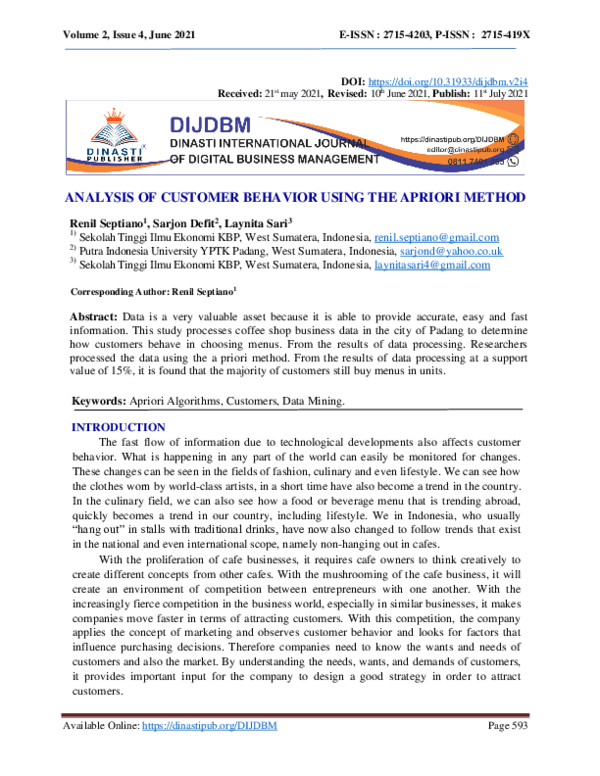 (PDF) Analysis of Customer Behavior Using the Apriori Method