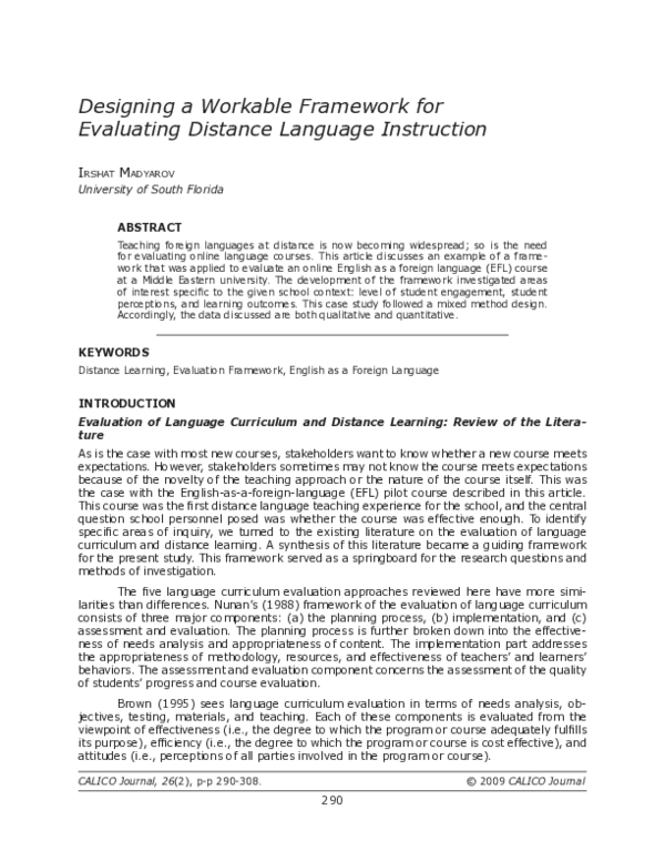 (PDF) Designing a Workable Framework for Evaluating Distance Language Instruction