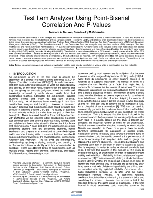 (PDF) Test Item Analyzer Using Point-Biserial Correlation And P-Values