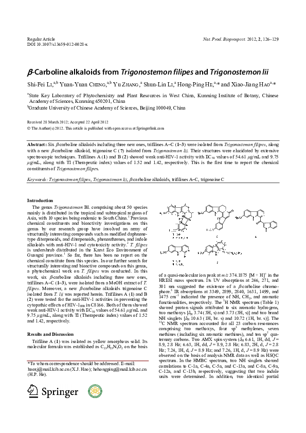 (PDF) β-carboline alkaloids from Trigonostemon filipes and ...