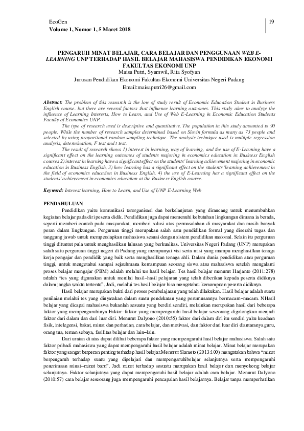 (PDF) Pengaruh Minat Belajar, Cara Belajar Dan Penggunaan Web E-Learning Unp Terhadap Hasil ...