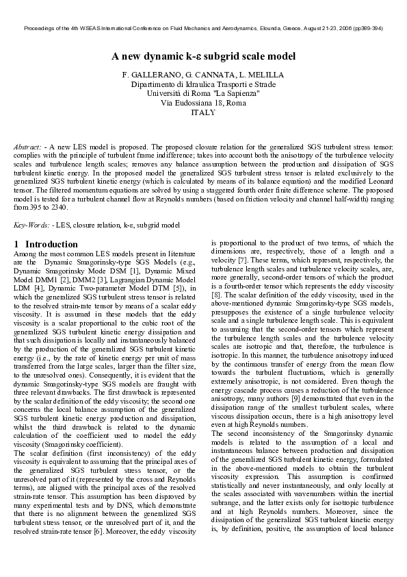 (PDF) A new dynamic k-ε subgrid scale model