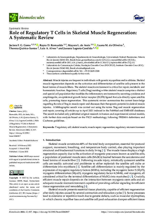 (PDF) Role of Regulatory T Cells in Skeletal Muscle Regeneration: A Systematic Review