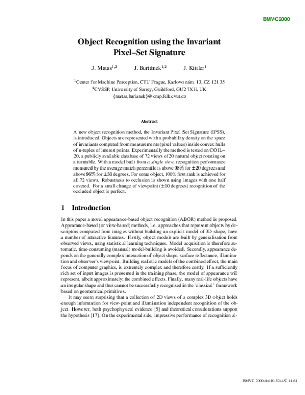 (PDF) Object Recognition using the Invariant Pixel-Set Signature