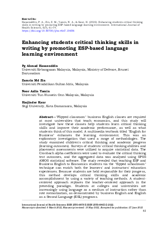 (PDF) Enhancing students critical thinking skills in writing by promoting ESP-based language ...