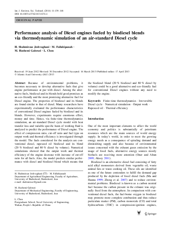 Pdf Performance Analysis Of Diesel Engines Fueled By Biodiesel Blends Via Thermodynamic