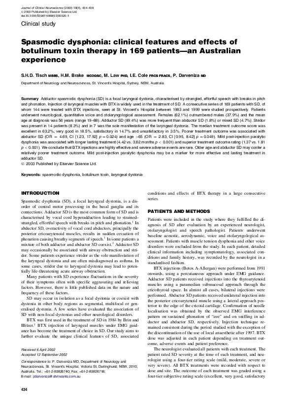 (PDF) Spasmodic dysphonia: clinical features and effects of botulinum ...