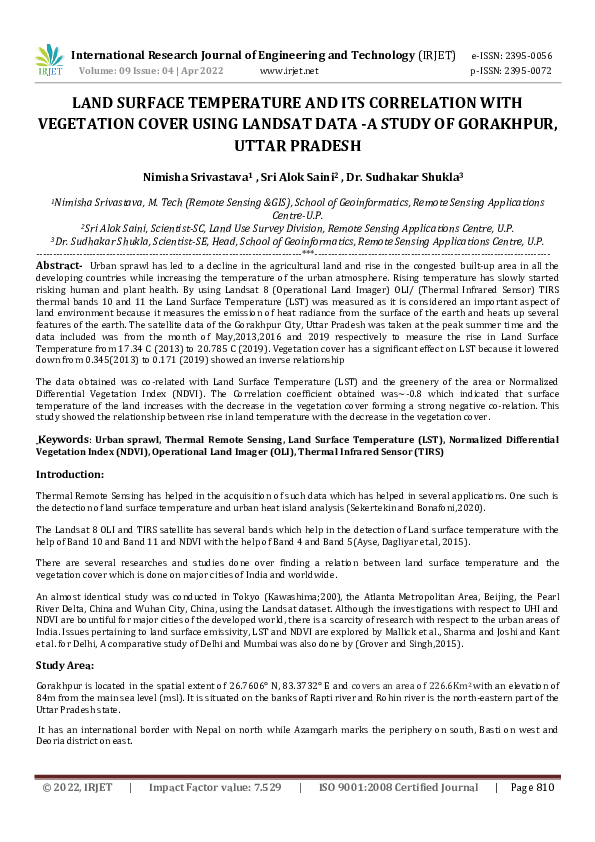 Pdf Land Surface Temperature And Its Correlation With Vegetation Cover Using Landsat Data A