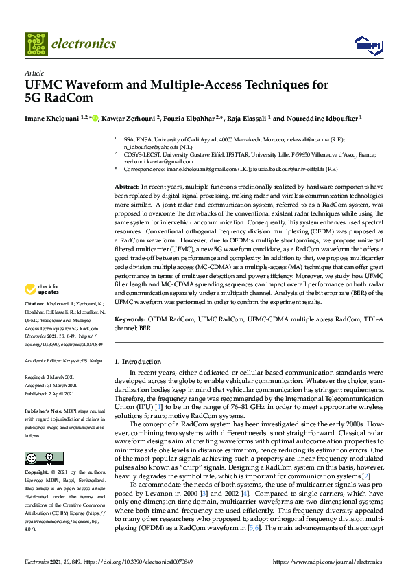 (PDF) UFMC Waveform and Multiple-Access Techniques for 5G RadCom | Raja Elassali - Academia.edu