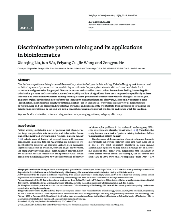 (PDF) Discriminative pattern mining and its applications in bioinformatics | Feiyang Gu ...