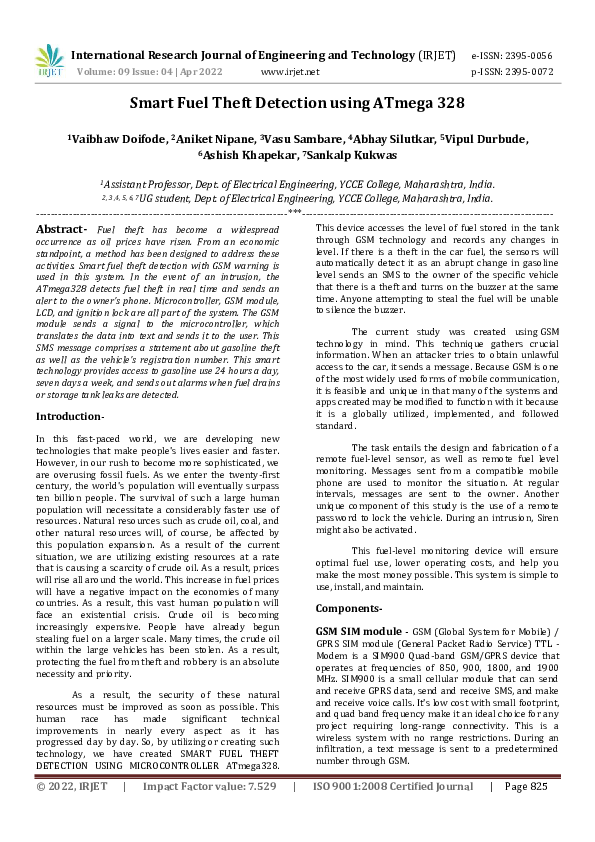 Pdf Smart Fuel Theft Detection Using Atmega 328