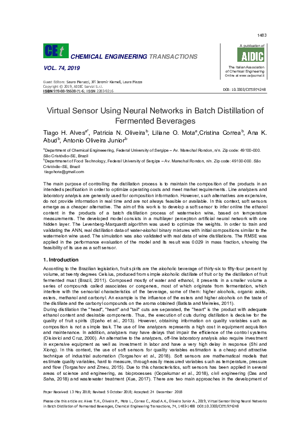 (PDF) Virtual Sensor Using Neural Networks in Batch Distillation of Fermented Beverages