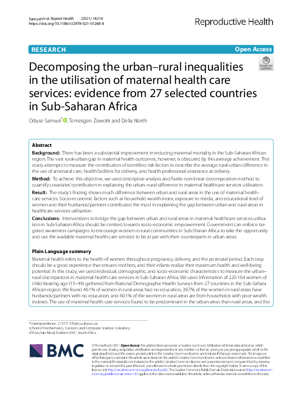 (PDF) Decomposing the urban–rural inequalities in the utilisation of maternal health care ...