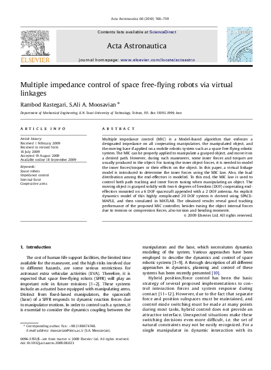 Pdf Multiple Impedance Control Of Space Free Flying Robots Via Virtual Linkages