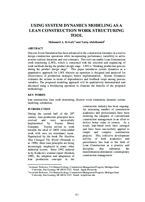 (PDF) Using System Dynamics Modeling as a Lean Construction Work Structuring Tool