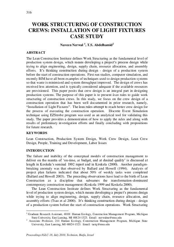 (PDF) Work Structuring of Construction Crews: Installation of Light Fixtures Case Study