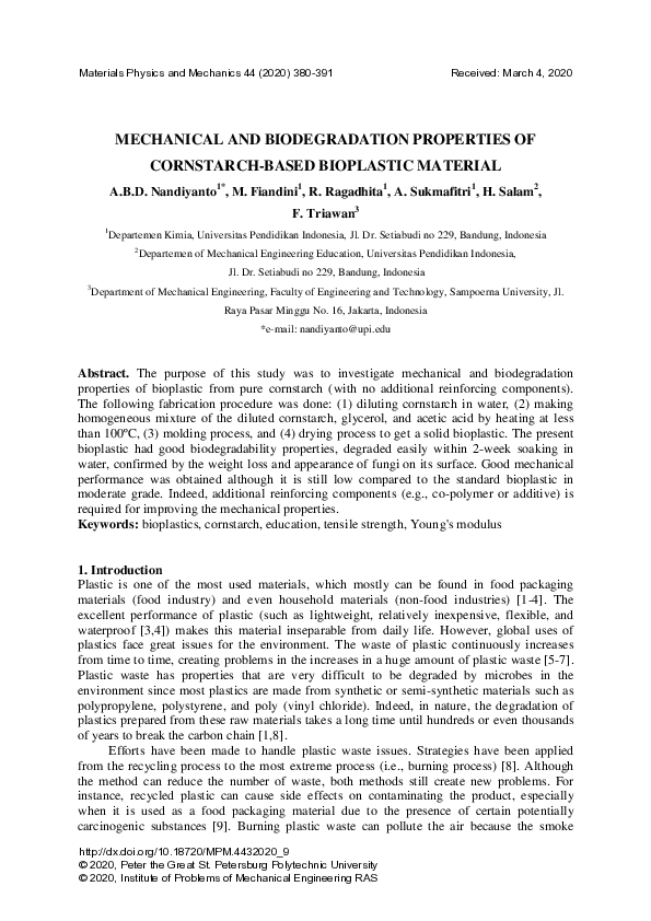 (PDF) Mechanical and biodegradation properties of cornstarch-based bioplastic material