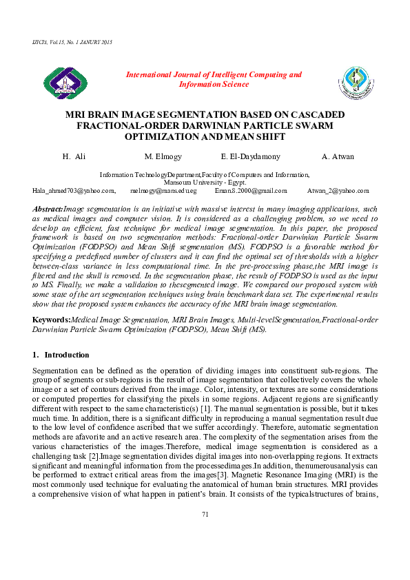 (PDF) Mri Brain Image Segmentation Based on Cascaded Fractional-Order Darwinian Particle Swarm ...