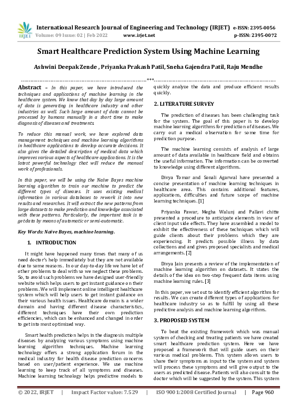 (PDF) Smart Healthcare Prediction System Using Machine Learning