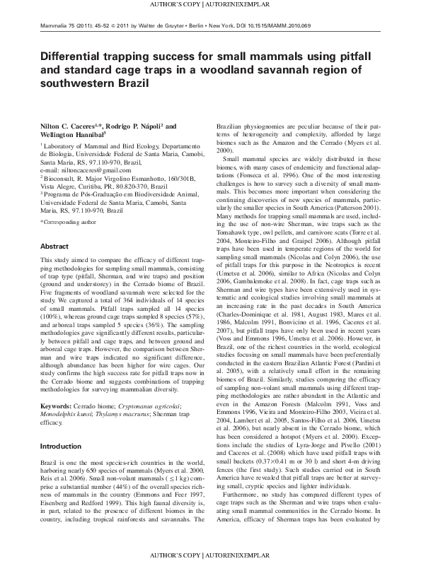 (PDF) Differential trapping success for small mammals using pitfall and ...