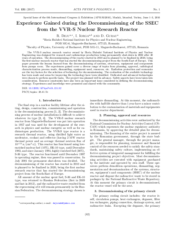 (PDF) Experience Gained during the Decommissioning of the SSEC from the VVR-S Nuclear Research ...