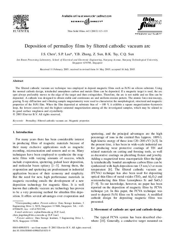 (PDF) Deposition of permalloy films by filtered cathodic vacuum arc