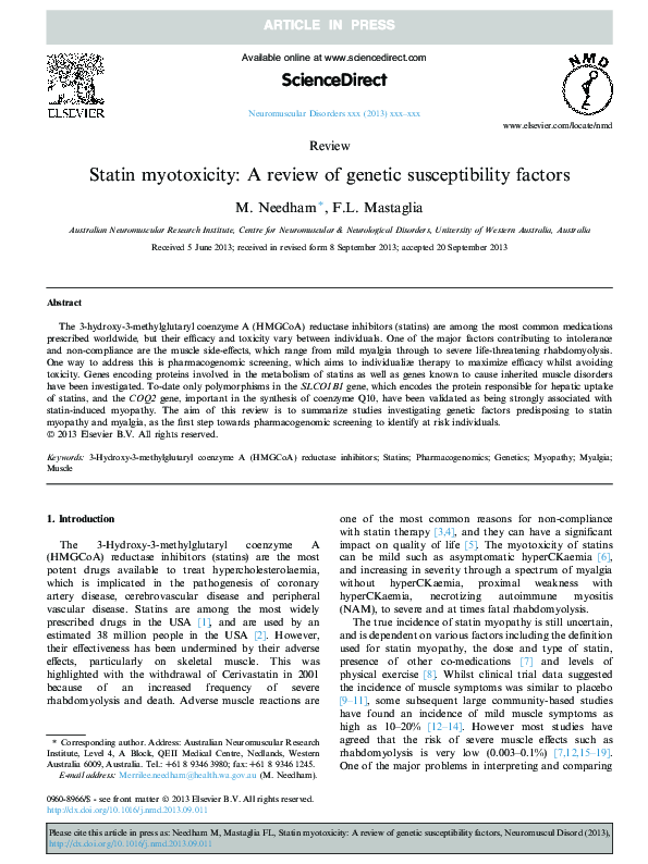 (PDF) Statin myotoxicity: A review of genetic susceptibility factors