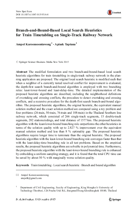 (PDF) Branch-and-Bound-Based Local Search Heuristics for Train Timetabling on Single-Track ...