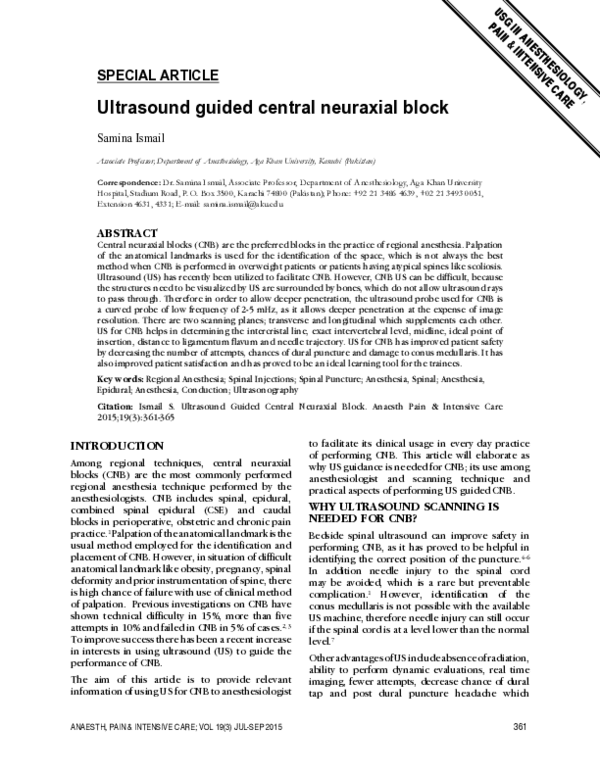 (PDF) Ultrasound guided central neuraxial block | Samina Ismail ...