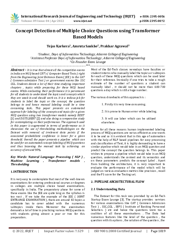 (PDF) Concept Detection of Multiple Choice Questions using Transformer Based Models