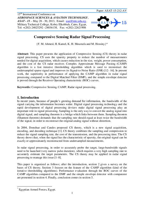 (PDF) Compressive Sensing Radar Signal Processing