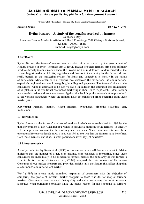 (PDF) Rythu bazaars – A study of the benefits received by farmers