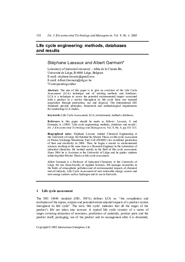 (PDF) Life cycle engineering: methods, databases and results